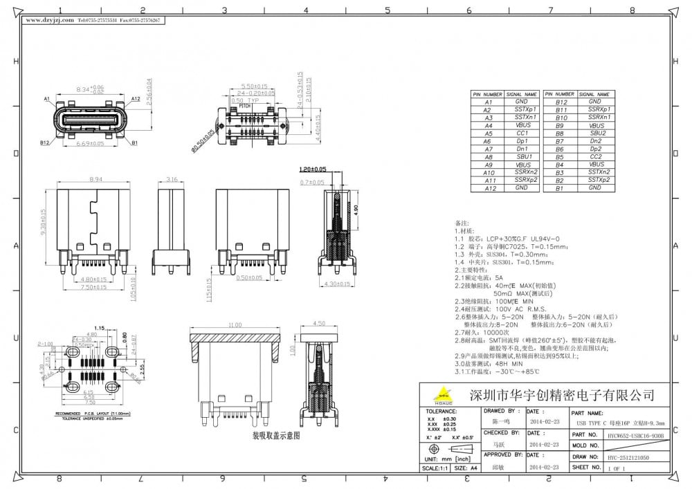 HOAUC HYCW652-USBC16-930B technical drawing