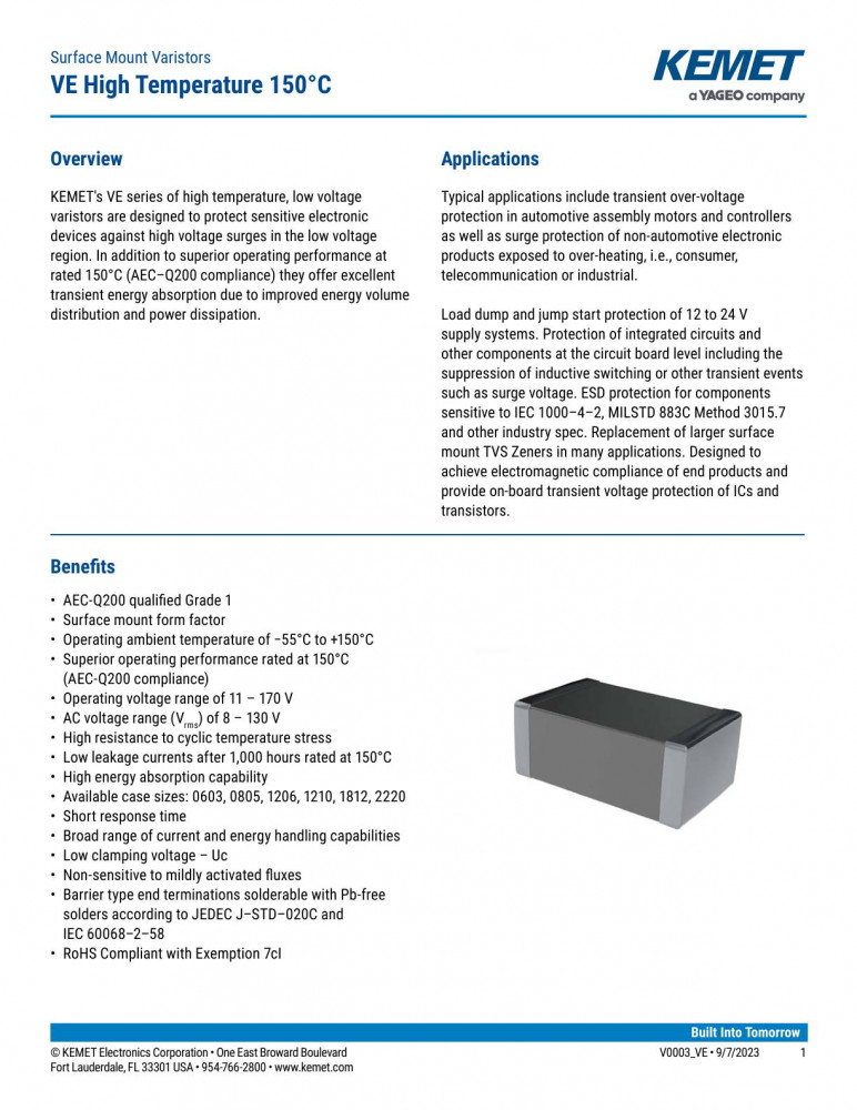 KEMET VE series datasheet page 1