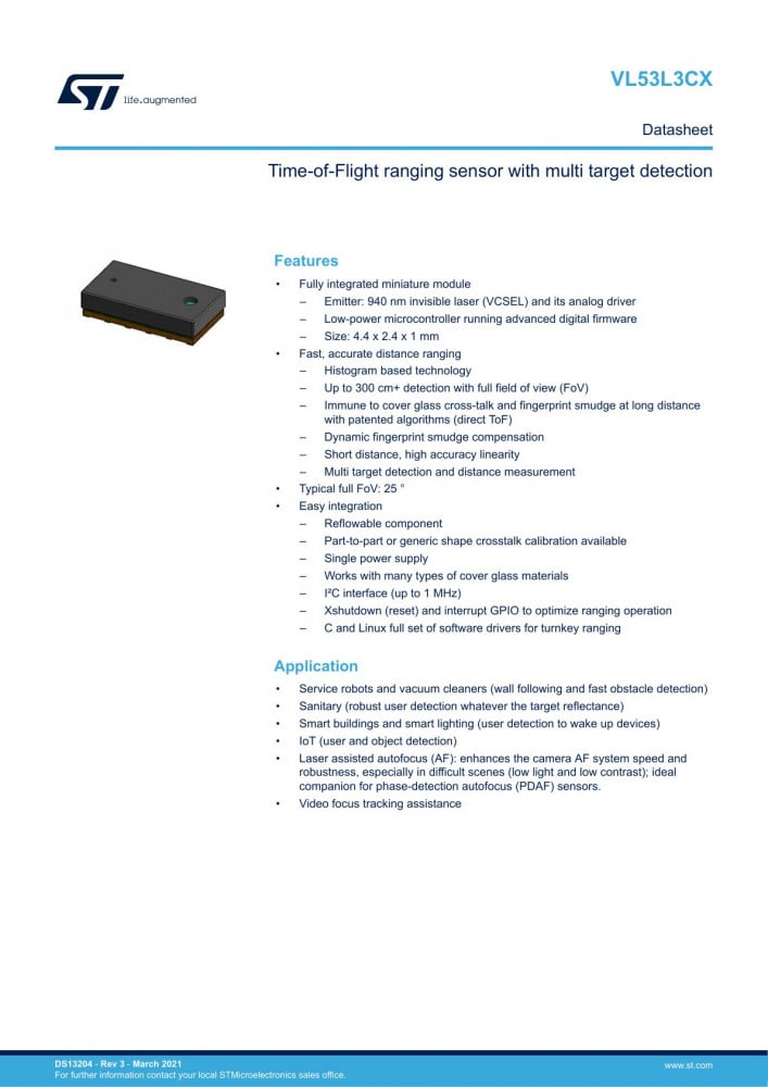VL53L3CX technical document page 1