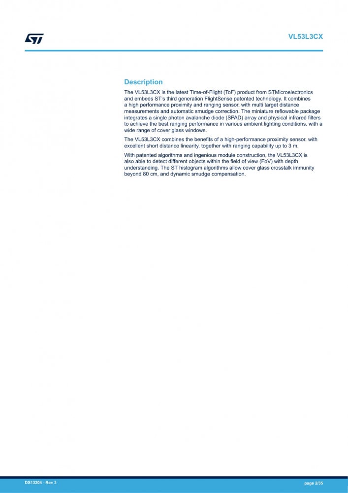 VL53L3CX technical document page 2