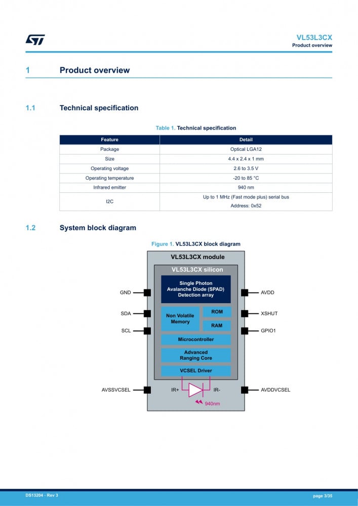 VL53L3CX technical document page 3
