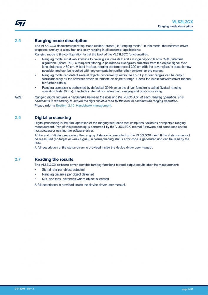 VL53L3CX technical document page 8