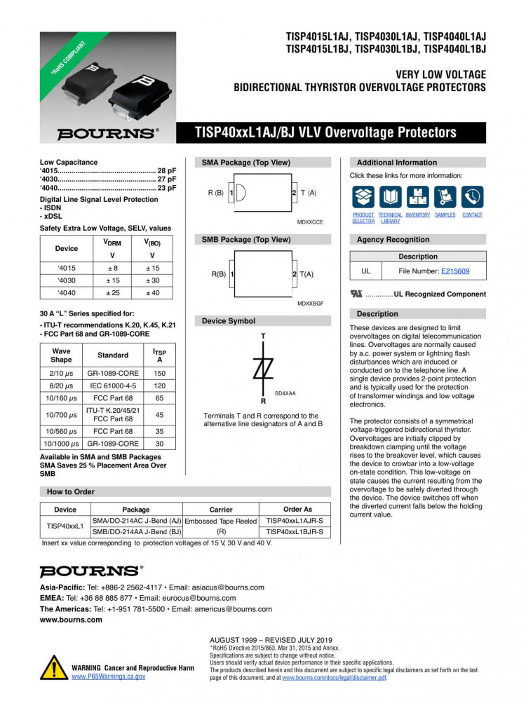 TISP40xxL1AJ/BJ datasheet page 1