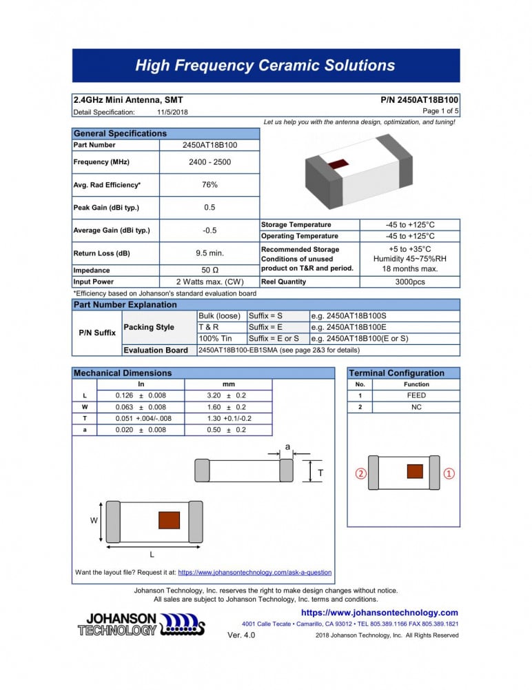 2450AT18B0100001E datasheet page 1