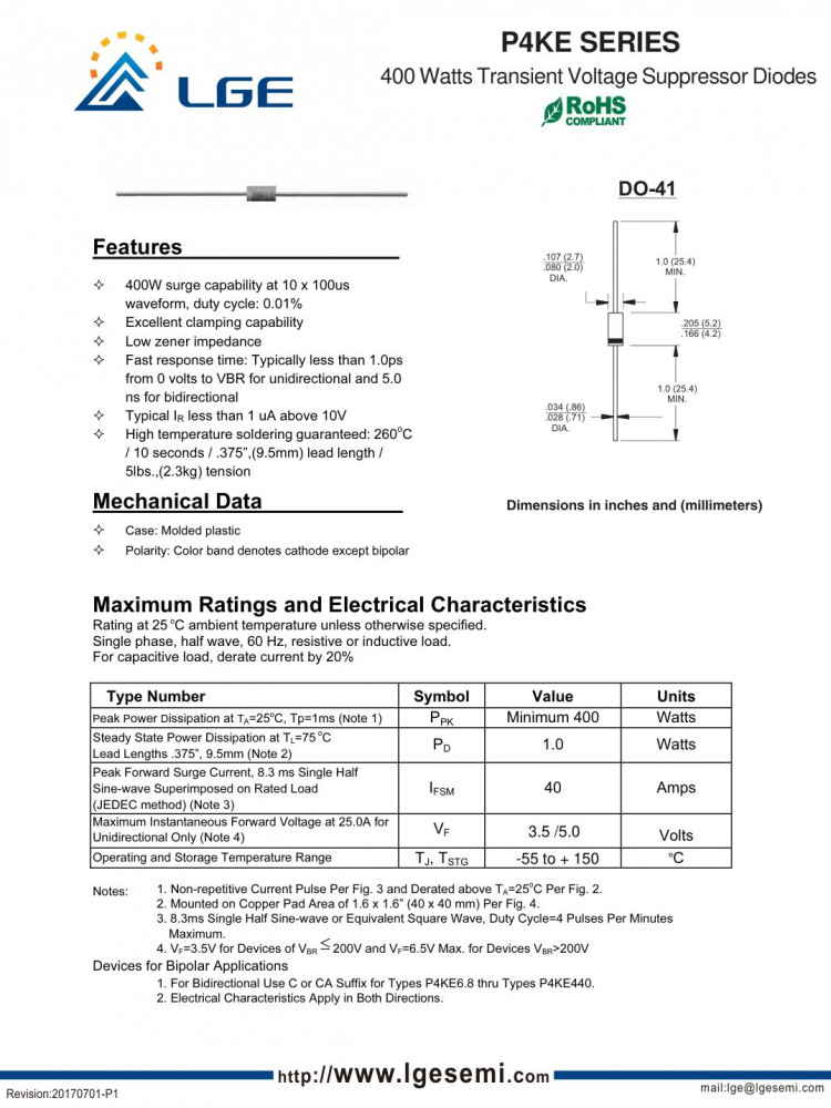 LGE P4KE15A datasheet page 1