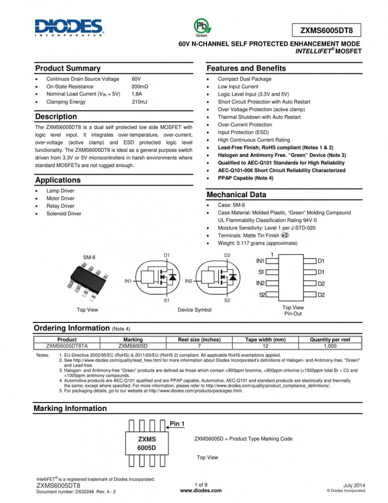 ZXMS6005DT8TA datasheet page 1
