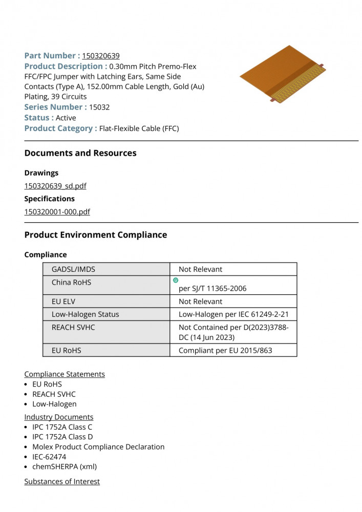 Molex 15032 FFC family specification, page 1