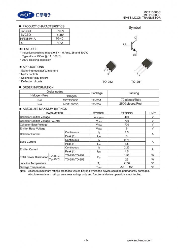 MOT13003C datasheet page 1