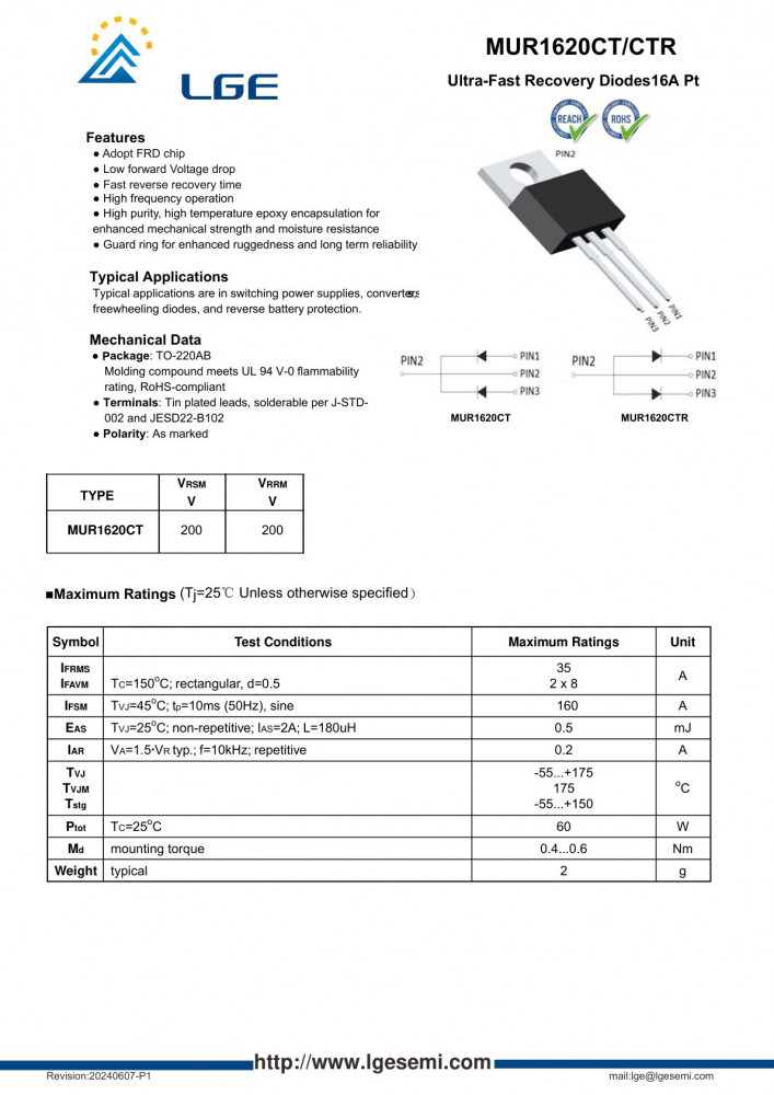 MUR1620CT datasheet page 1