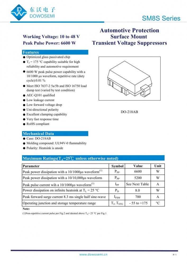 DOWO SM8S48A datasheet page 1