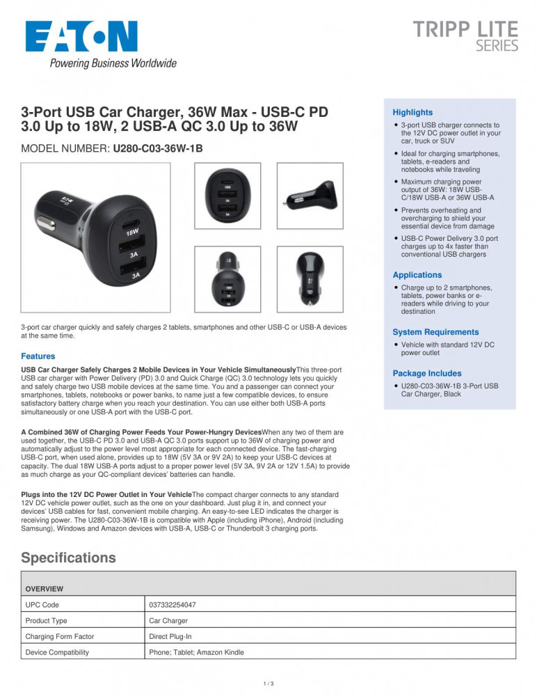 U280-C03-36W-1B technical document page 1