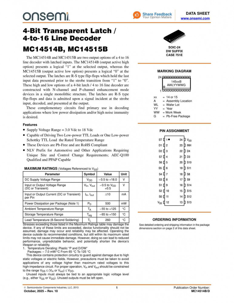 MC14515B datasheet page 1