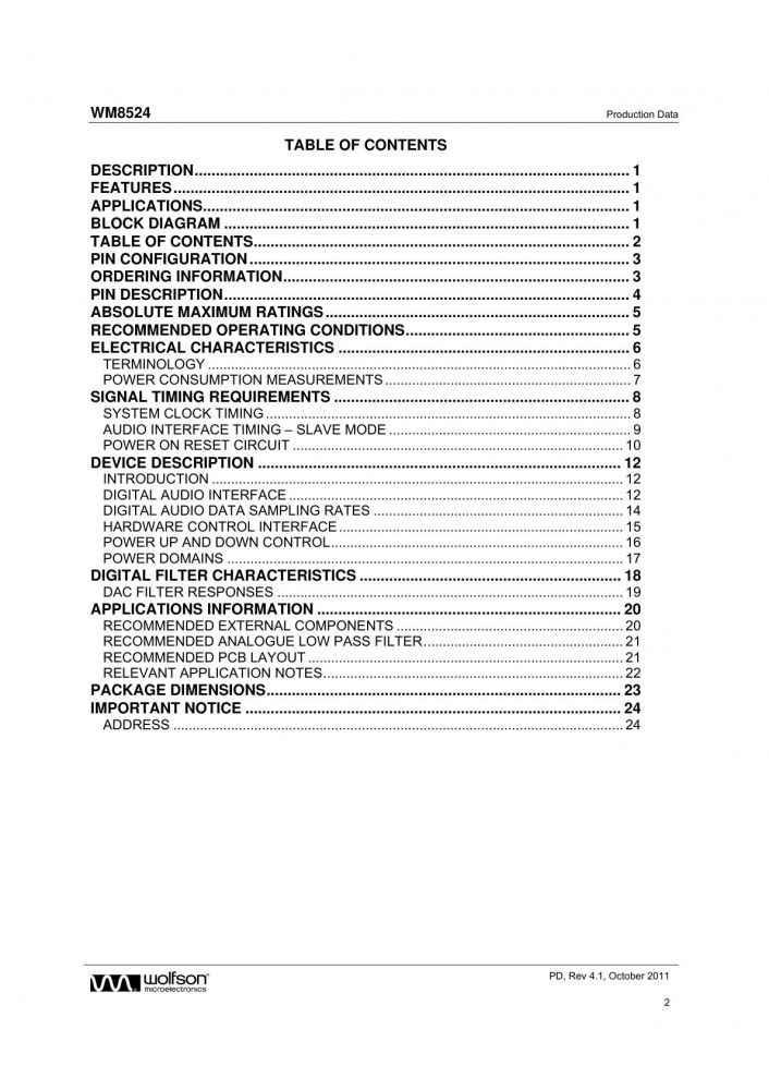 WM8524 datasheet page 2