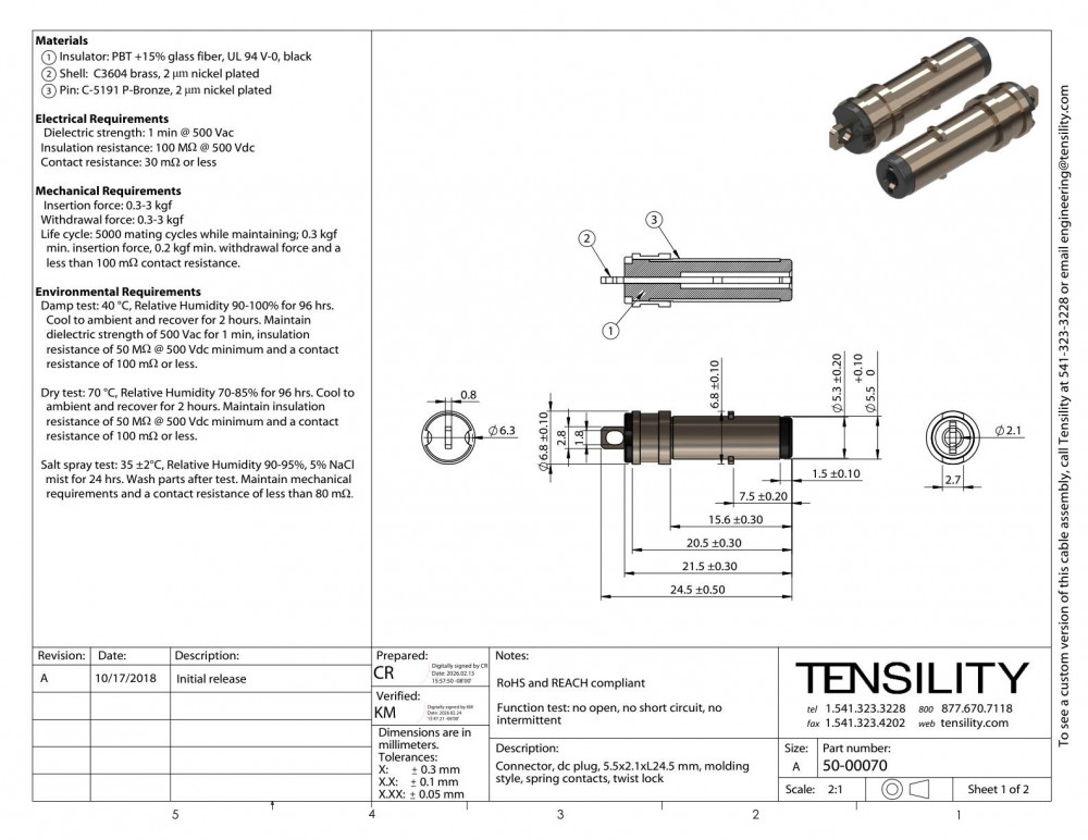 Tensility International 50-00070 product drawing, page 1