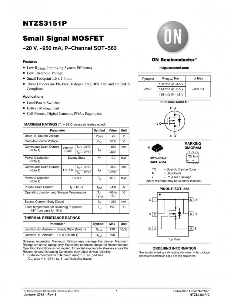 NTZS3151PT1G datasheet page 1