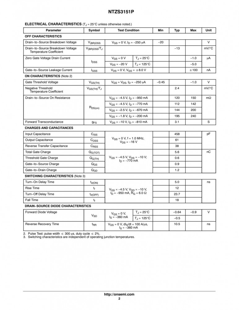 NTZS3151PT1G datasheet page 2