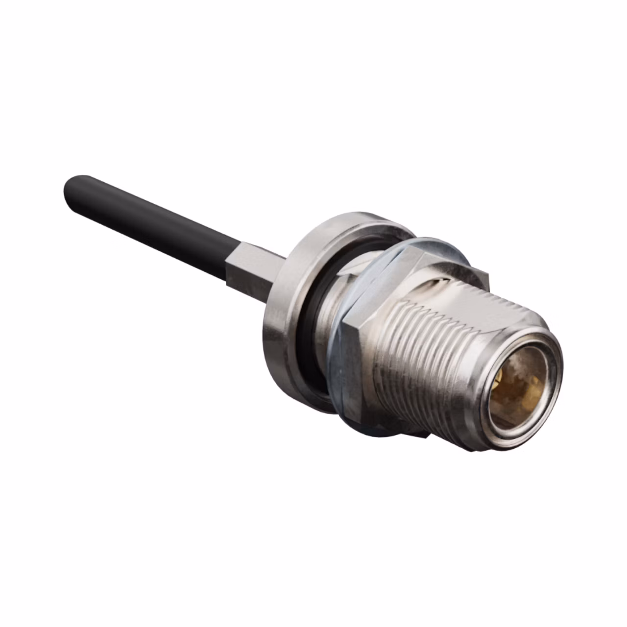 N Jack, Straight, Bulkhead, Crimp, RG-141, RG-303 and RG-58 Cable, Brass Body, Nickel (Ni) Plated, One Piece Per Bag, 50 Ohms for sale