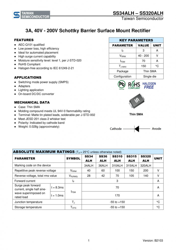 SS34ALH datasheet page 1