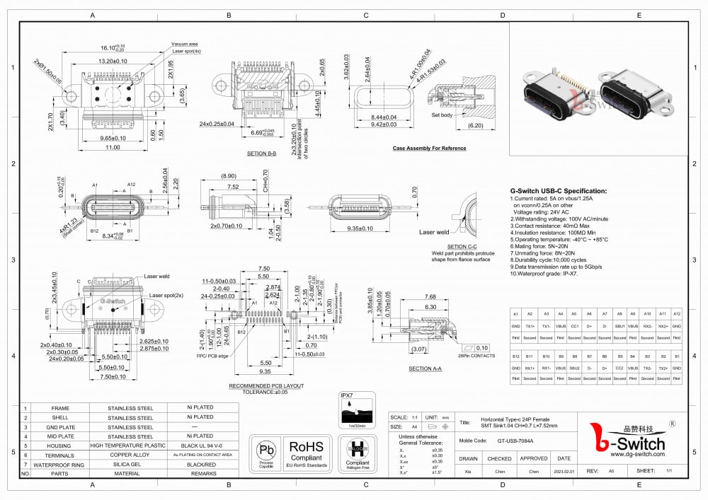 G-Switch GT-USB-7084A technical drawing and specification page