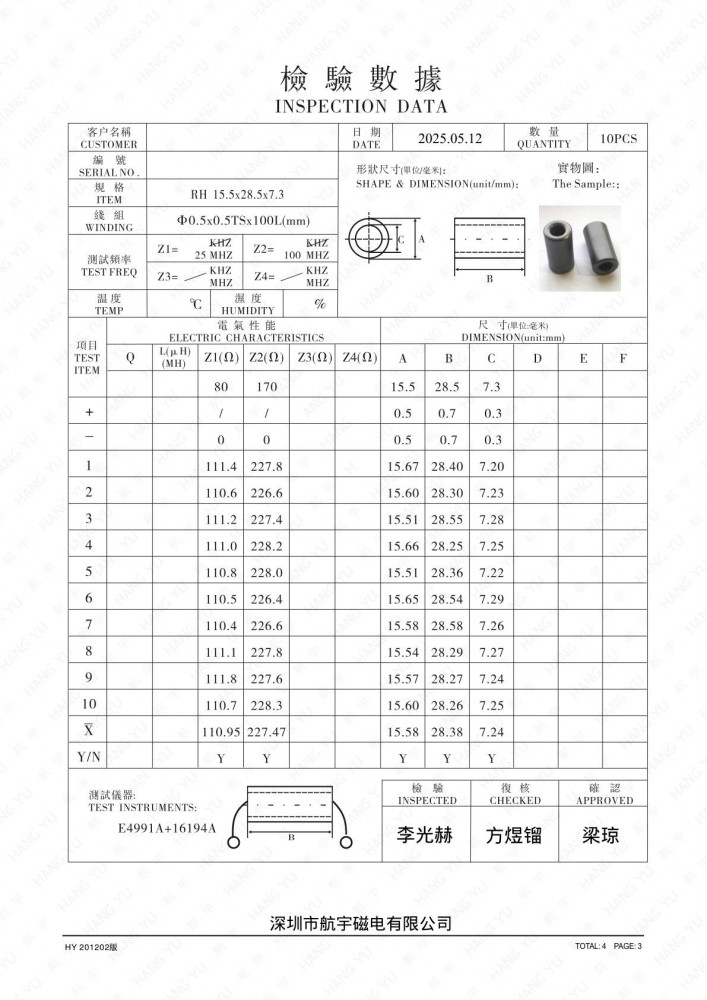 RH15.5×28.5×7.3 inspection data page