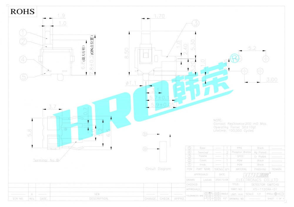 K5-1120AA-01 detector switch technical drawing