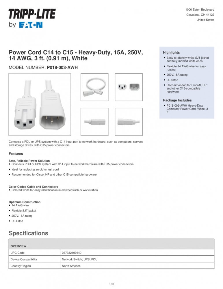 P018-003-AWH product documentation page 1