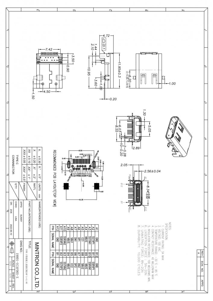 MINTRON 19001-UCAF005-X technical drawing and recommended PCB layout