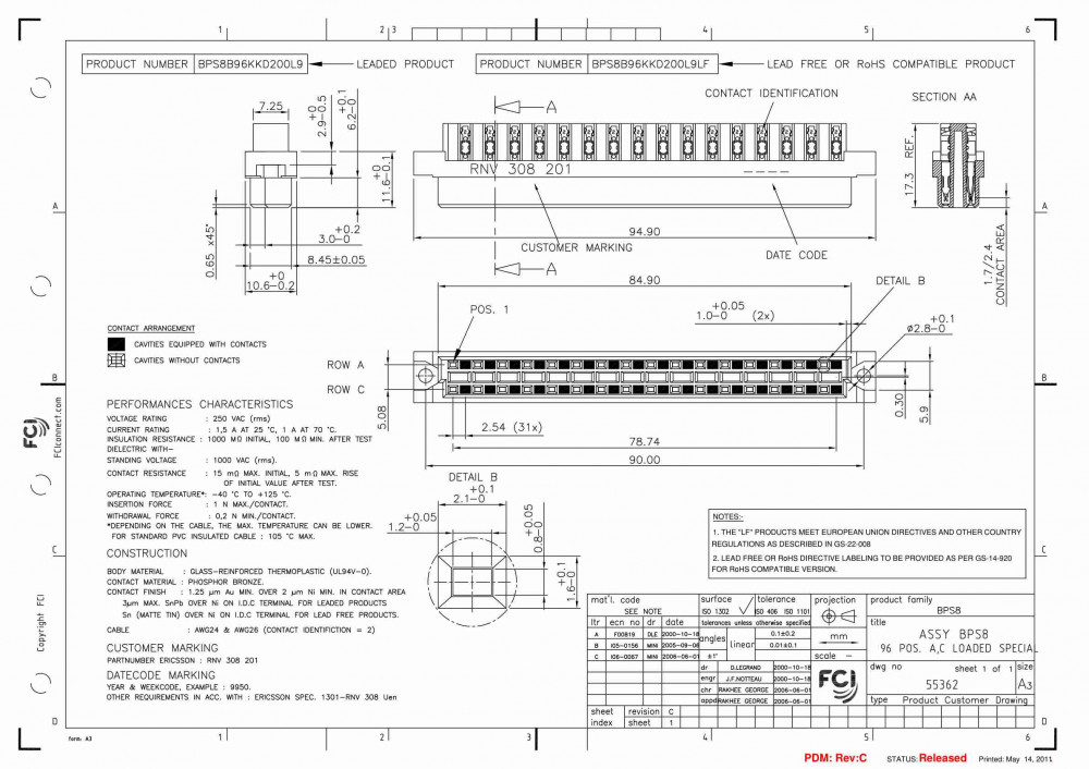 Amphenol BPS8B96KKD200L9LF contact arrangement and construction document