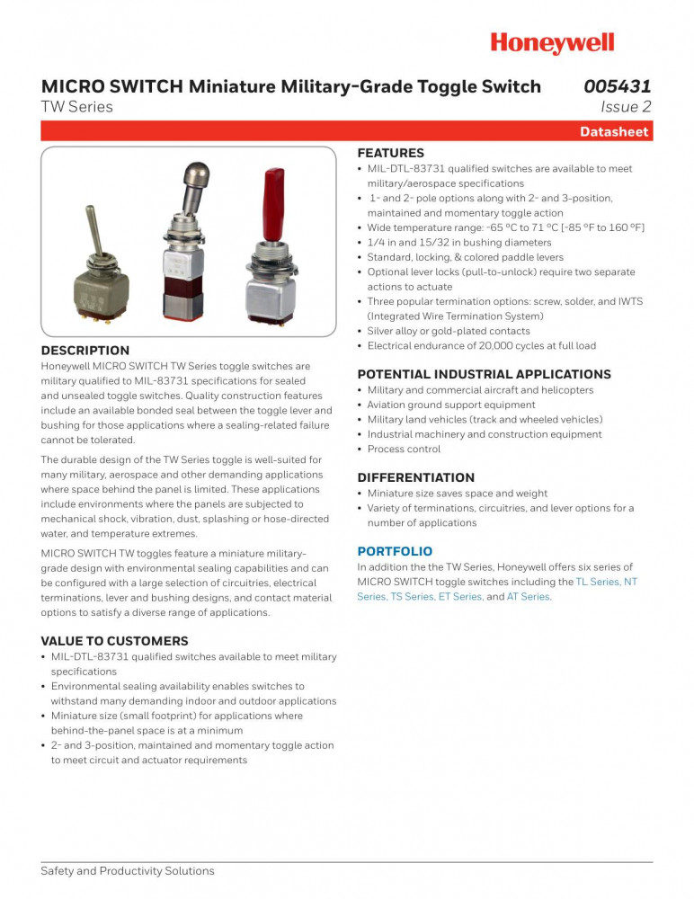 Honeywell TW Series datasheet page 1