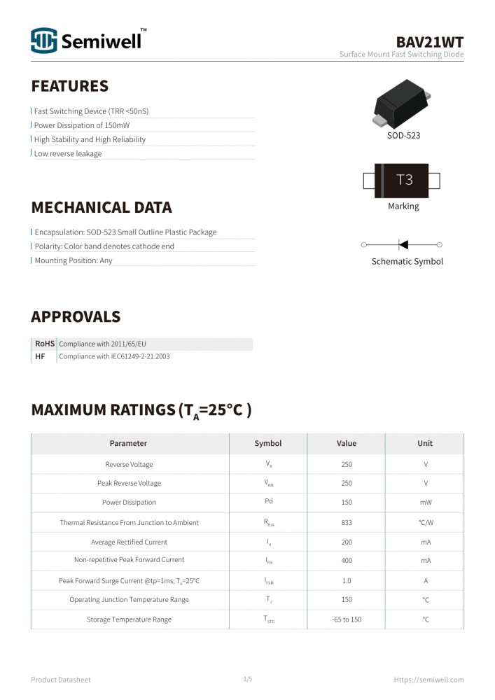 BAV21WT technical document page 1