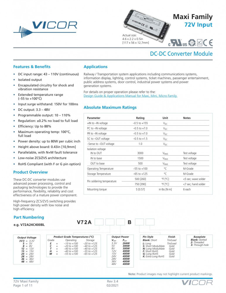 VICOR V72A36C400BL document page 1