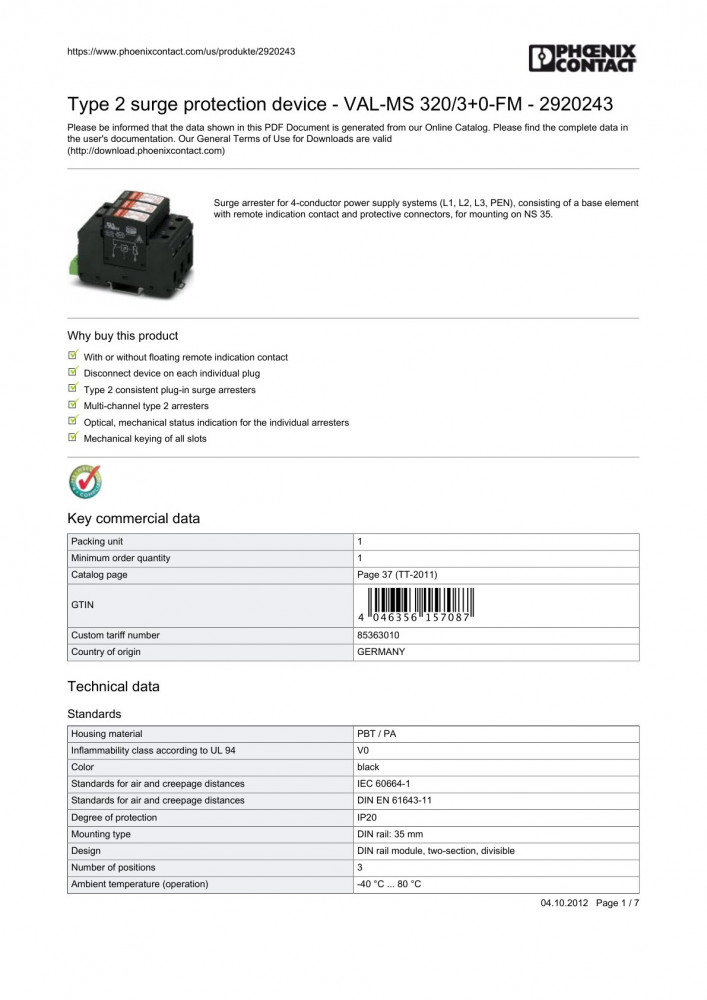 Phoenix Contact 2920243 product documentation page 1
