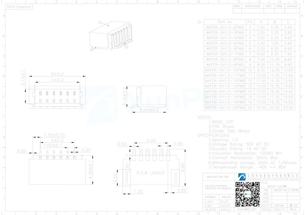 XUNPU WAFER-SH1.0-6PWB manufacturing drawing