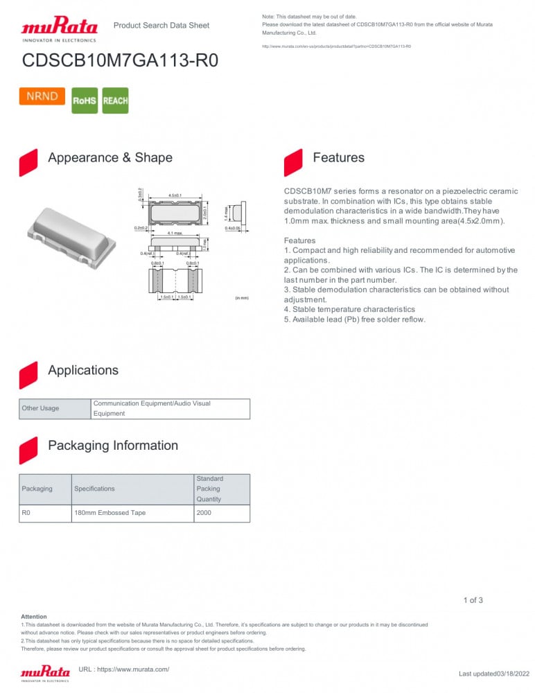 CDSCB10M7GA113-R0 datasheet page 1