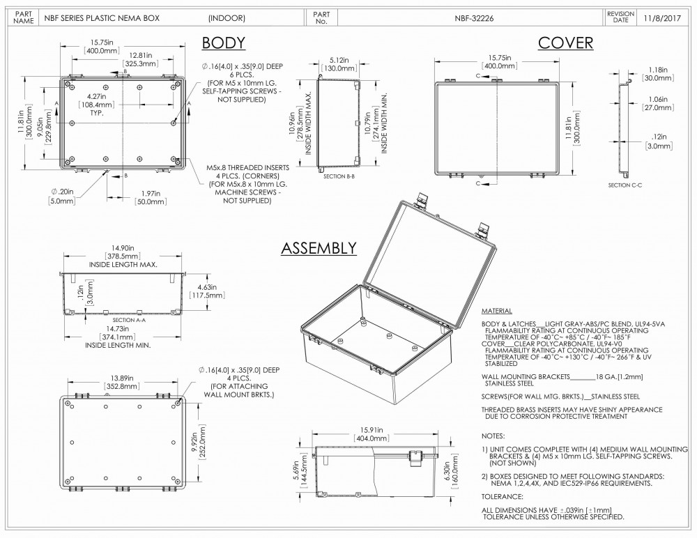 Bud Industries NBF series enclosure technical drawing reference