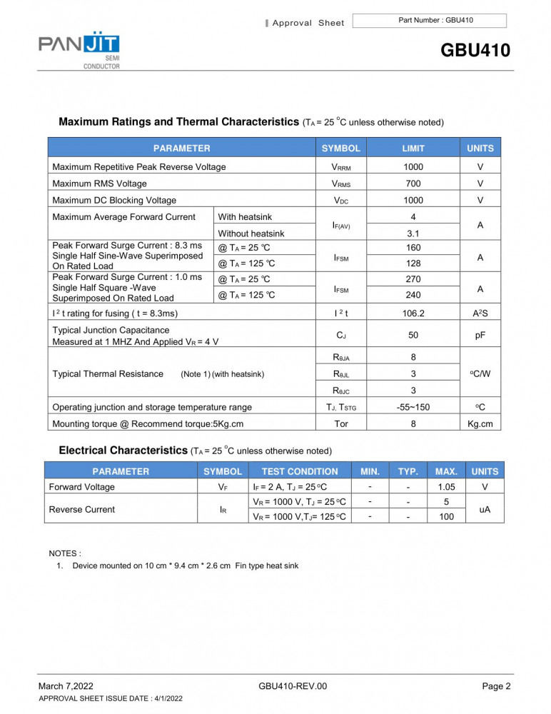 PANJIT GBU410 datasheet page 2