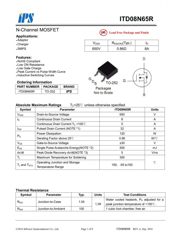 ITD08N65R datasheet page 1