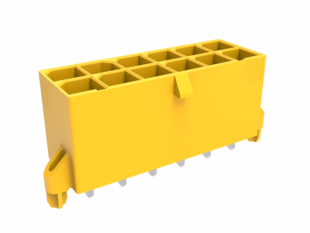 Mega-Fit ColorLock Vertical Header with Crush Pegs, 5.70mm Pitch, Through Hole, Dual Row, 6 Circuits, Matte Tin (Sn) Plating, 3.73mm Tail Length, Glow-Wire Capable, Tray, Yellow