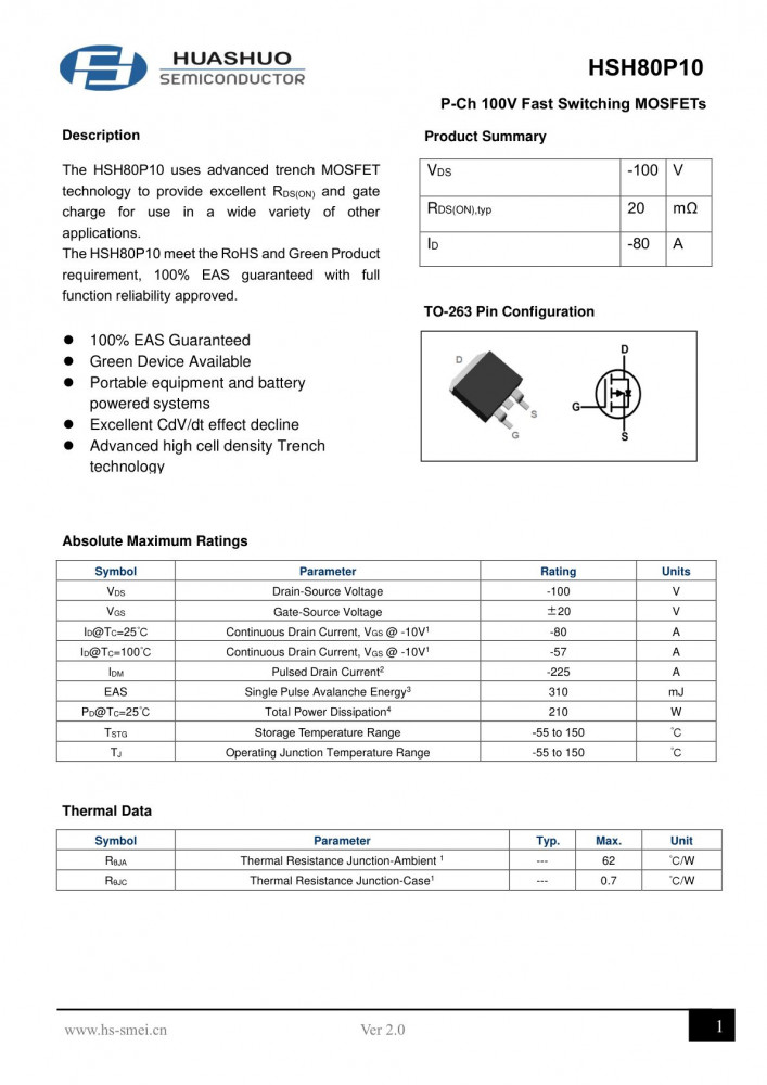 HSH80P10 datasheet page 1