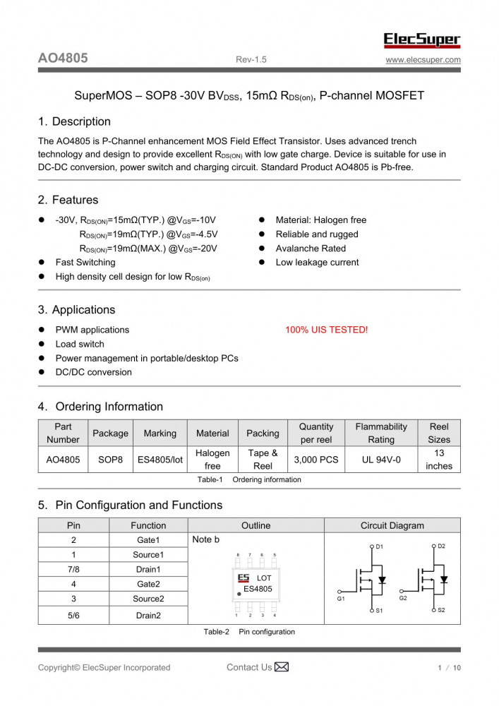AO4805 datasheet page 1