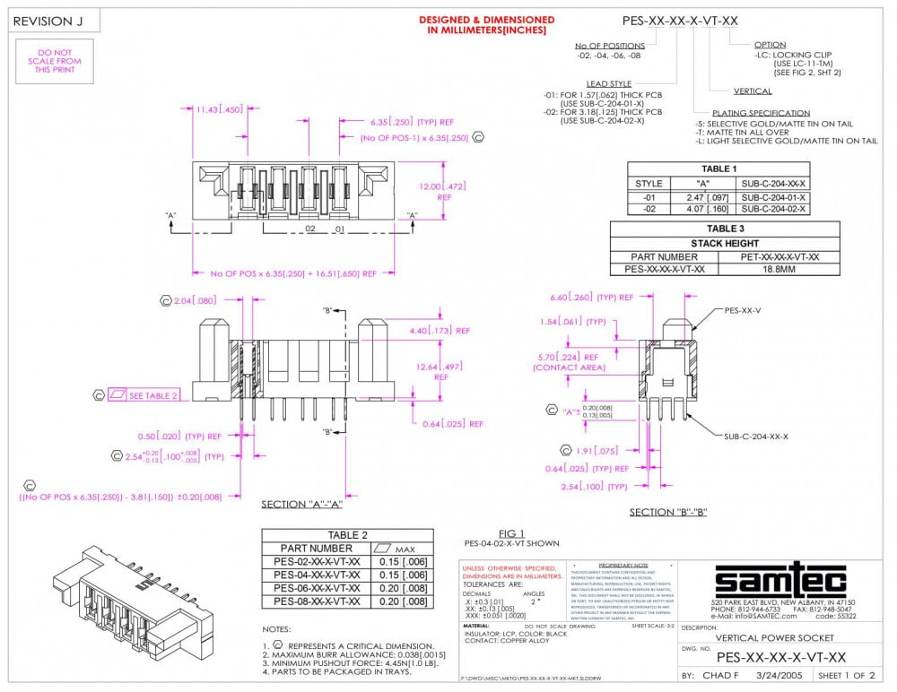 Samtec PES-08-01-L-VT mechanical drawing page 1