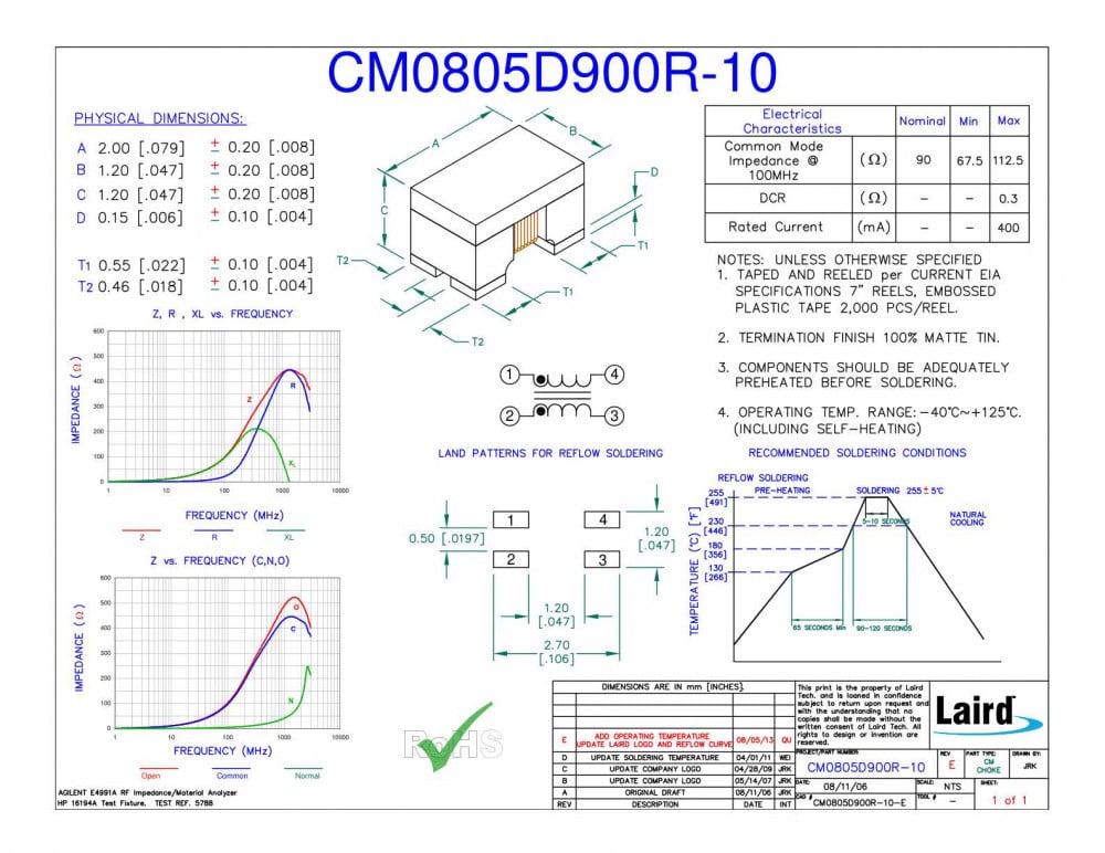 Laird CM0805D900R-10 technical drawing and specification sheet