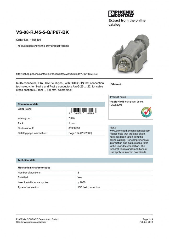 Phoenix Contact 1658493 product catalog page 1