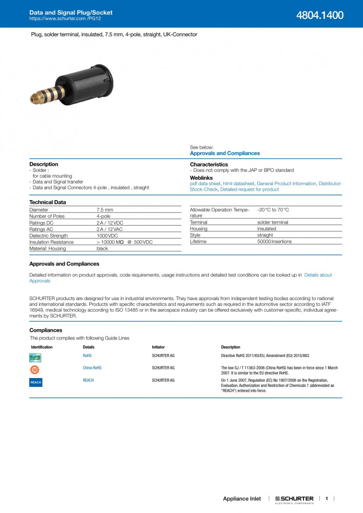 SCHURTER 4804.1400 datasheet page 1
