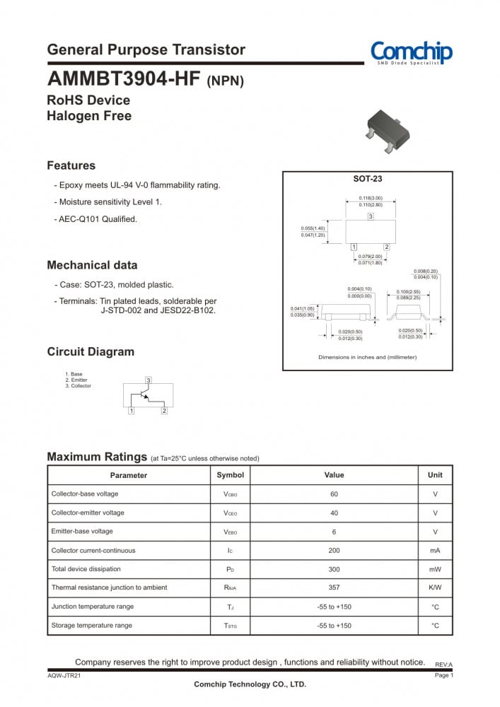 AMMBT3904-HF datasheet page 1