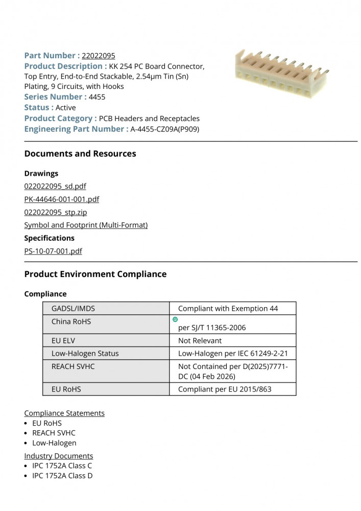 MOLEX 22022095 product drawing preview, page 1