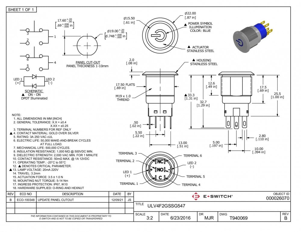 E-Switch ULV4F2GSSG547 technical drawing