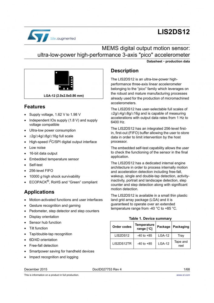 LIS2DS12 datasheet page 1