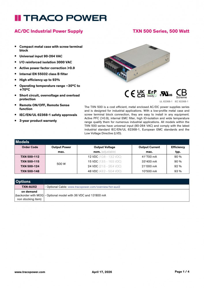 TXN 500 series document page 1