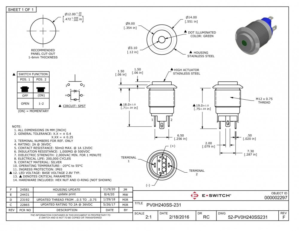 E-Switch PV0H240SS-231 technical drawing